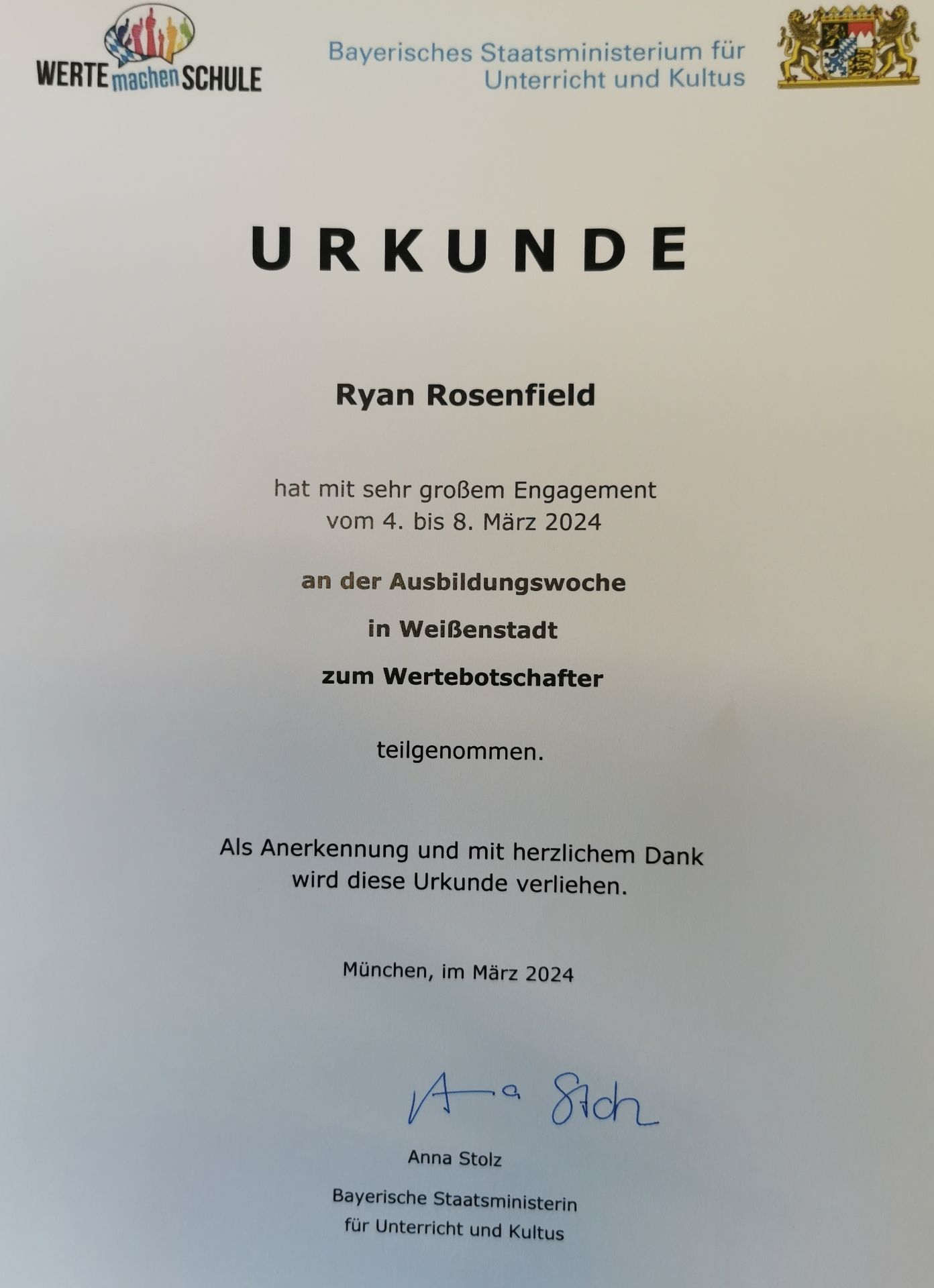 Ryan Rosenfield ist nun Wertebotschafter - Steigerwaldschule Ebrach